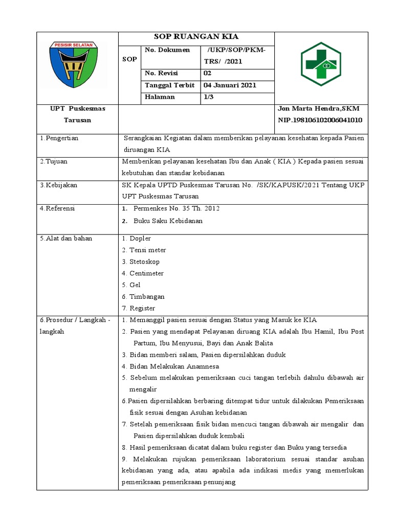 SOP Pelayanan Kesehatan KIA Puskesmas | PDF