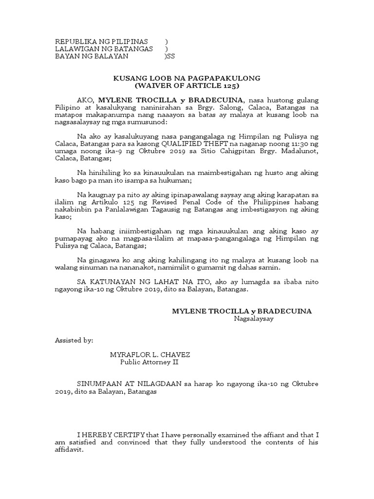 Waiver of Detention - aRTICLE 125 - Mylene Trocilla | PDF