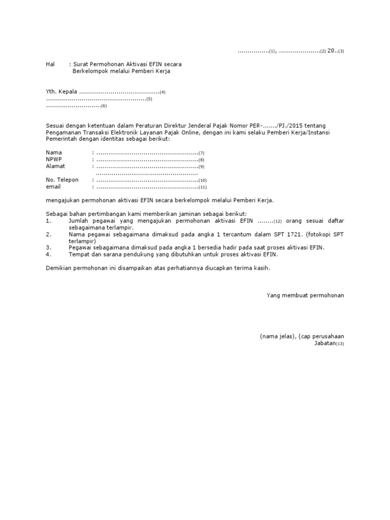 Per 41.pj.2015 - FORM Surat Permohonan Aktivasi EFIN Melalui Pemberi ...