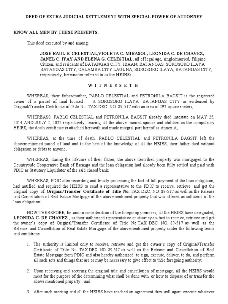 DEED OF EXTRA JUDICIAL SETTLEMENT Cez | PDF | Mortgage Law | Title ... DEED OF EXTRA JUDICIAL SETTLEMENT Cez | PDF | Mortgage Law | Title ...