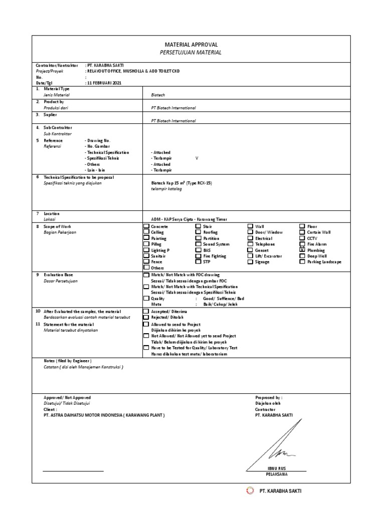Material Approval for PT Surya Cipta | PDF