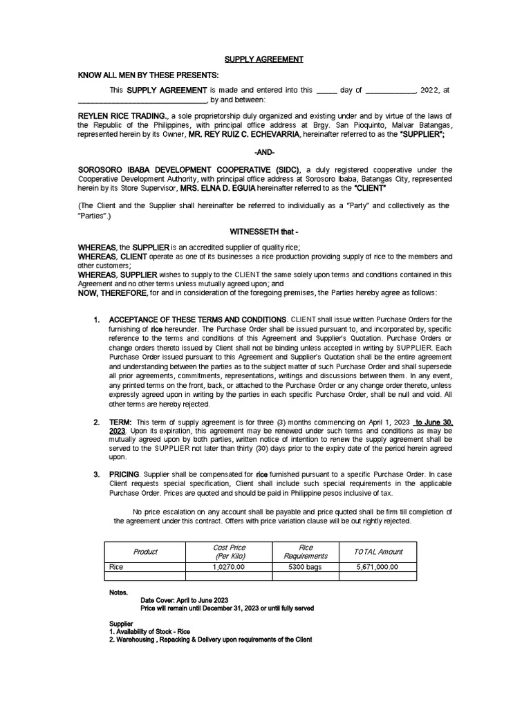 SUPPLY AGREEMENT Reylen | PDF