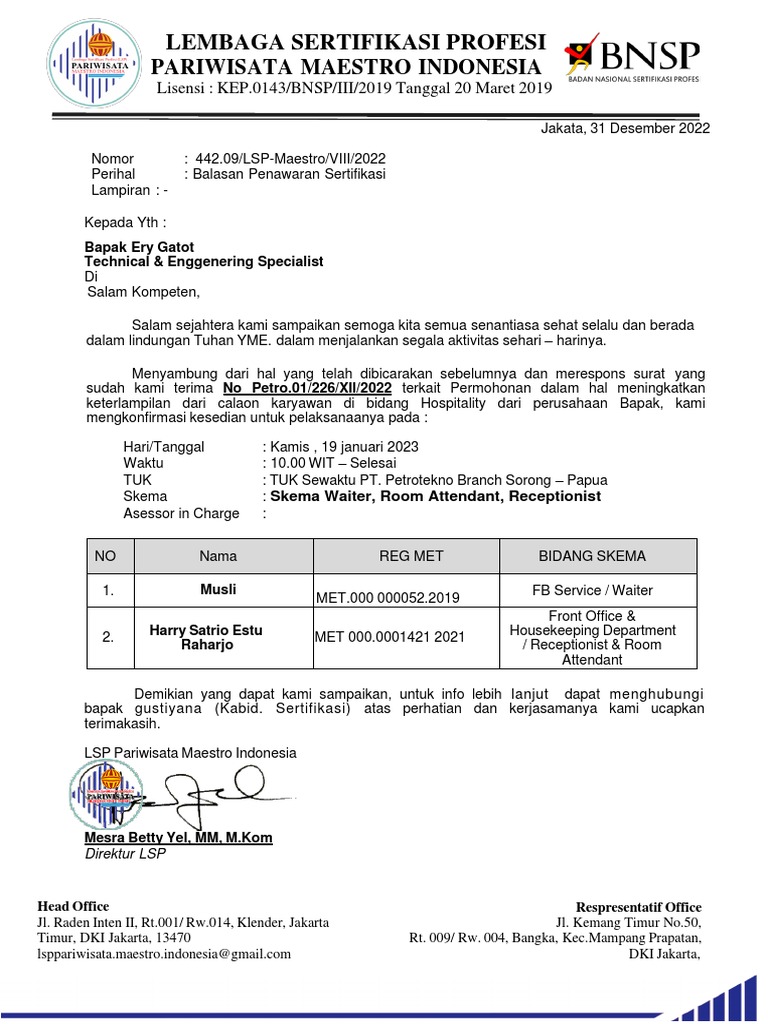 Sertifikasi Hospitality Petrotekno | PDF