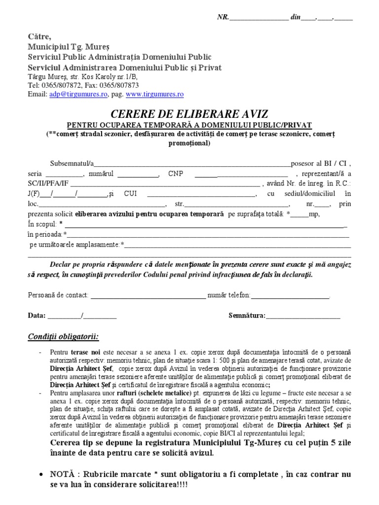 Cerere Eliberare AVIZ Comert, Terase ADP MURES | PDF