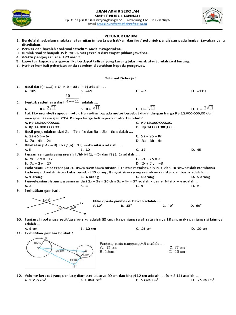 Soal Us MTK NJ KLS 9 K13 2023 | PDF