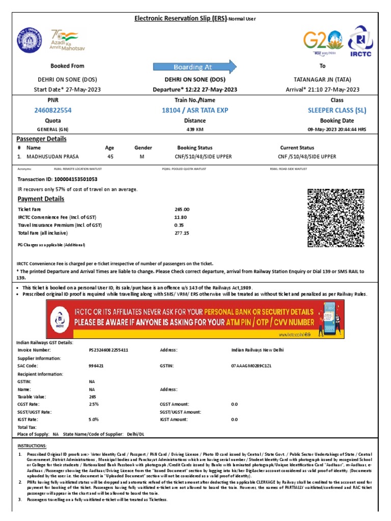Train Ticket 27 May 2023 | PDF | Identity Document | Payments