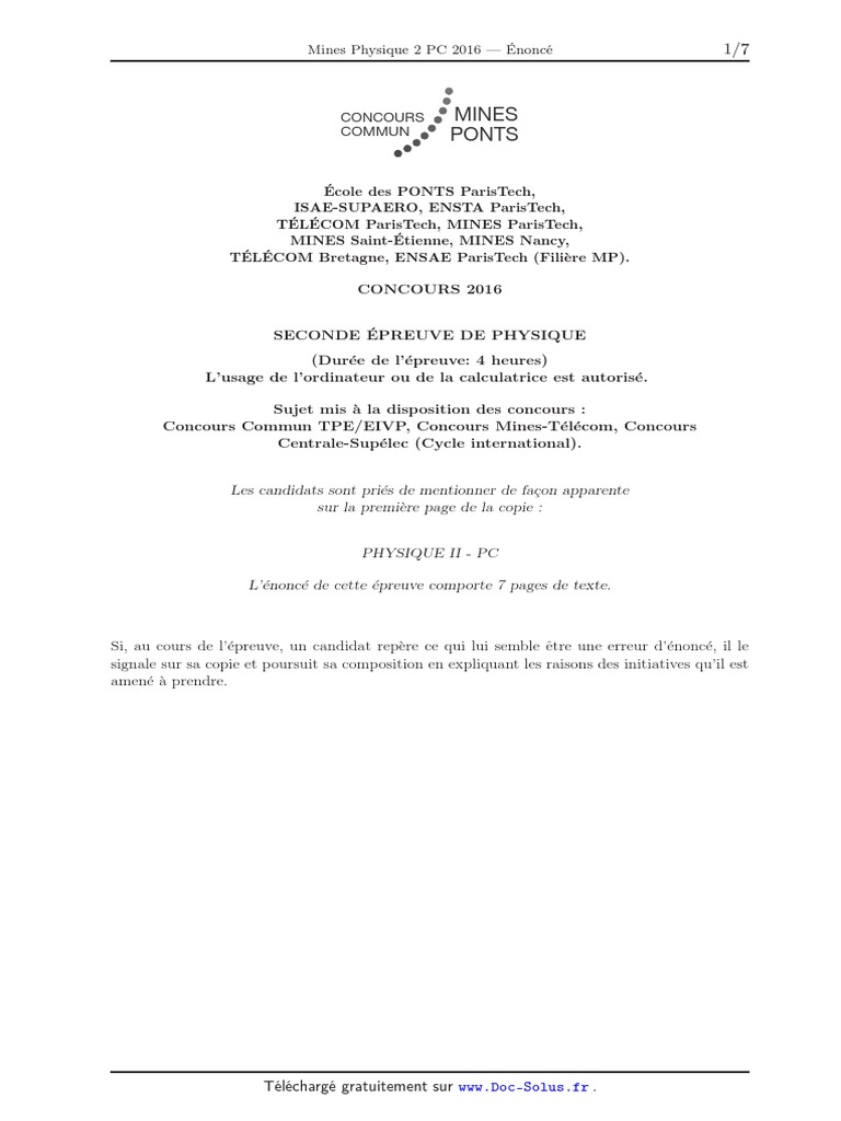PC PHYSIQUE MINES 2 2016.enonce | PDF