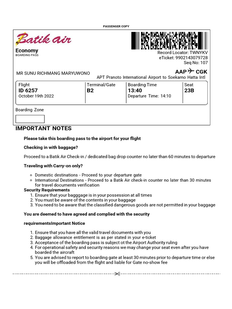 Flight Boarding Pass CGK-AAP | PDF | Baggage | Airport