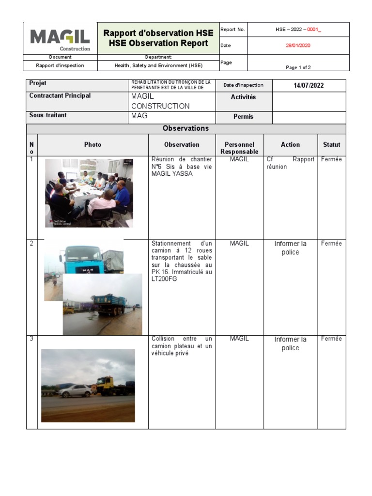 HSE Daily Observation Report 14 Juillet 2022 | PDF