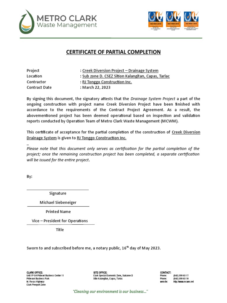 Certificate of Partial Completion | PDF