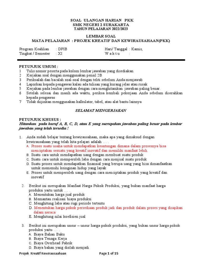 Latihan Soal Dan Jawaban PKK Kelas Xi Dpib Kamis 24 November 2022 | PDF | Bisnis | Seni