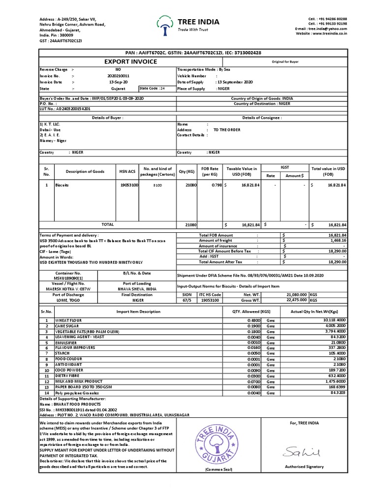 Export Invoice for the Sale of Biscuits from India to Niger | PDF ...