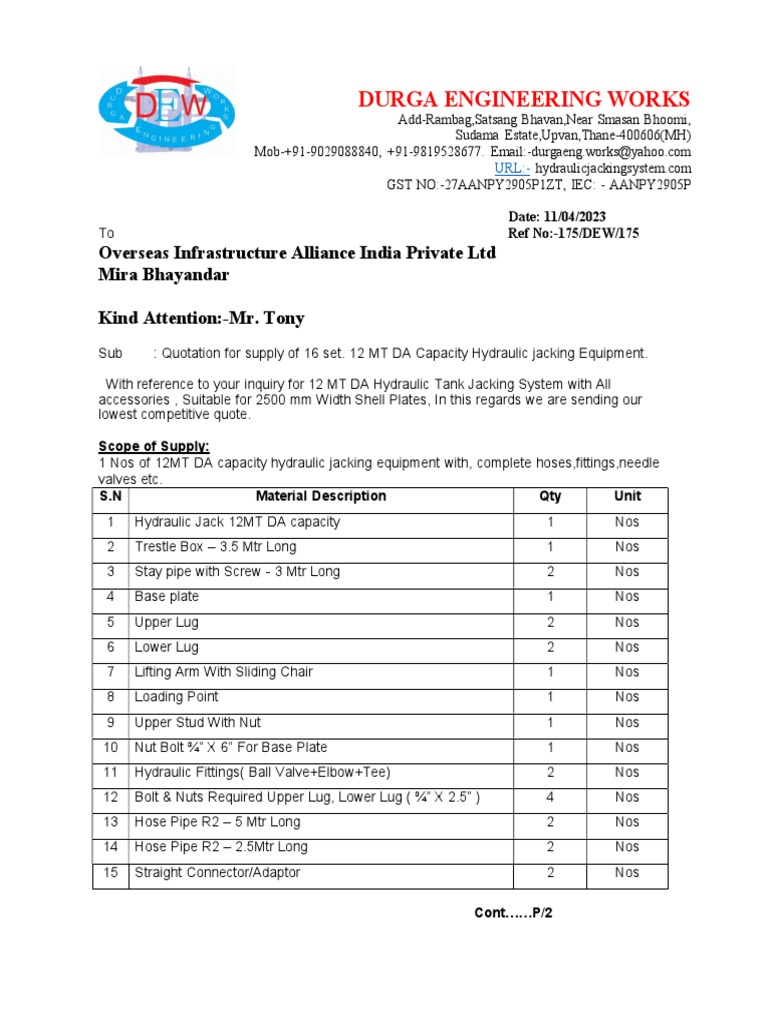 Jacks Quotation | PDF | Equipment | Mechanical Engineering