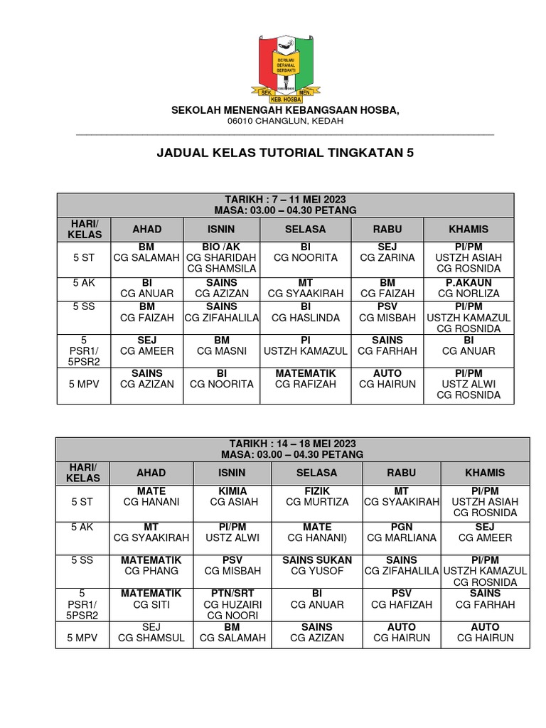 Jadual Kelas Tutorial 5 | PDF