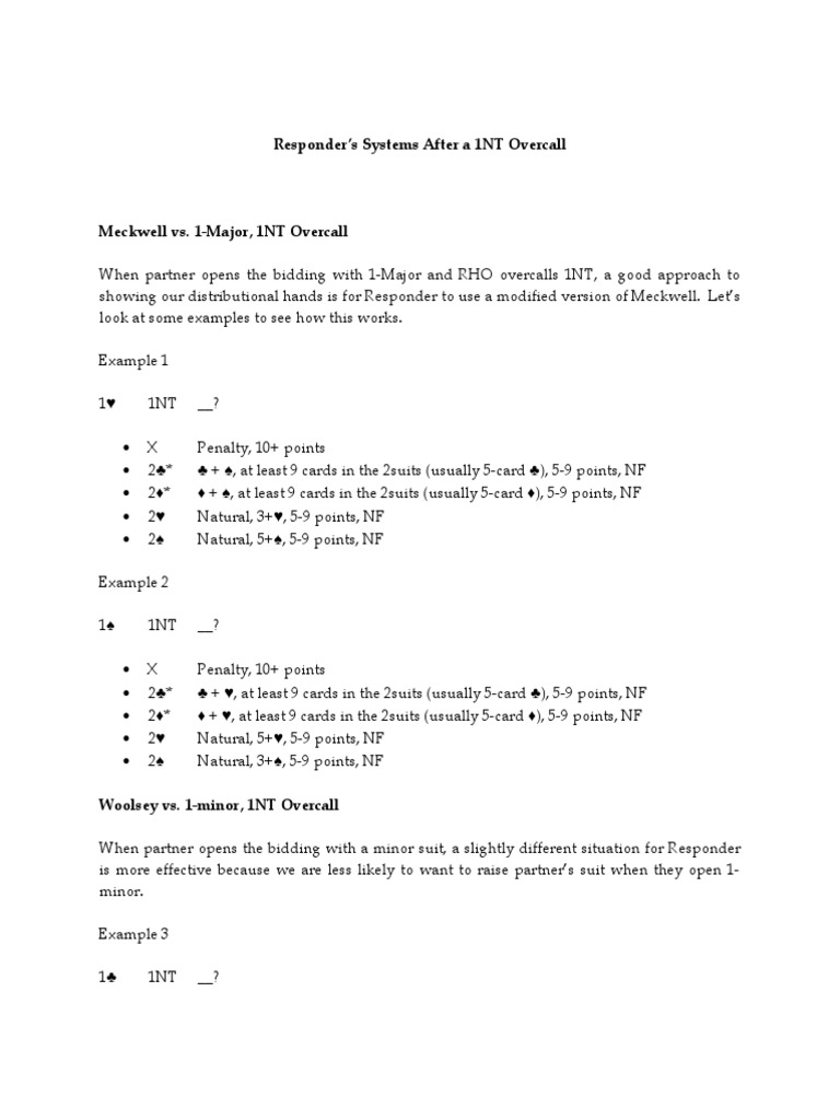 Responder's Systems After A 1NT Overcall | PDF