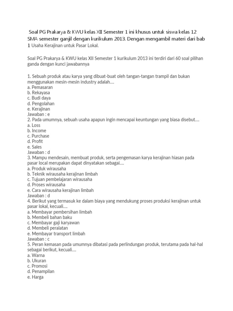 Soal PG Prakarya PKWU | PDF