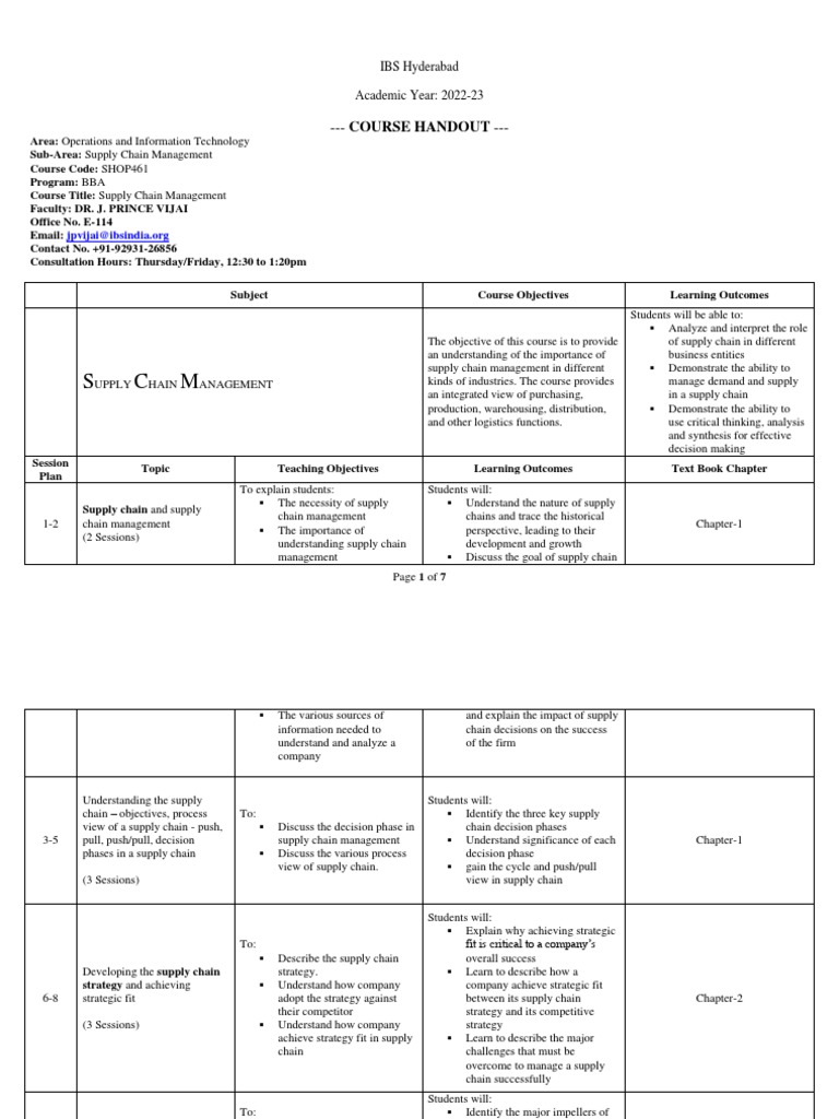BBA - SCM - Course Handout - 2022-23 | PDF | Supply Chain | Supply Chain Management