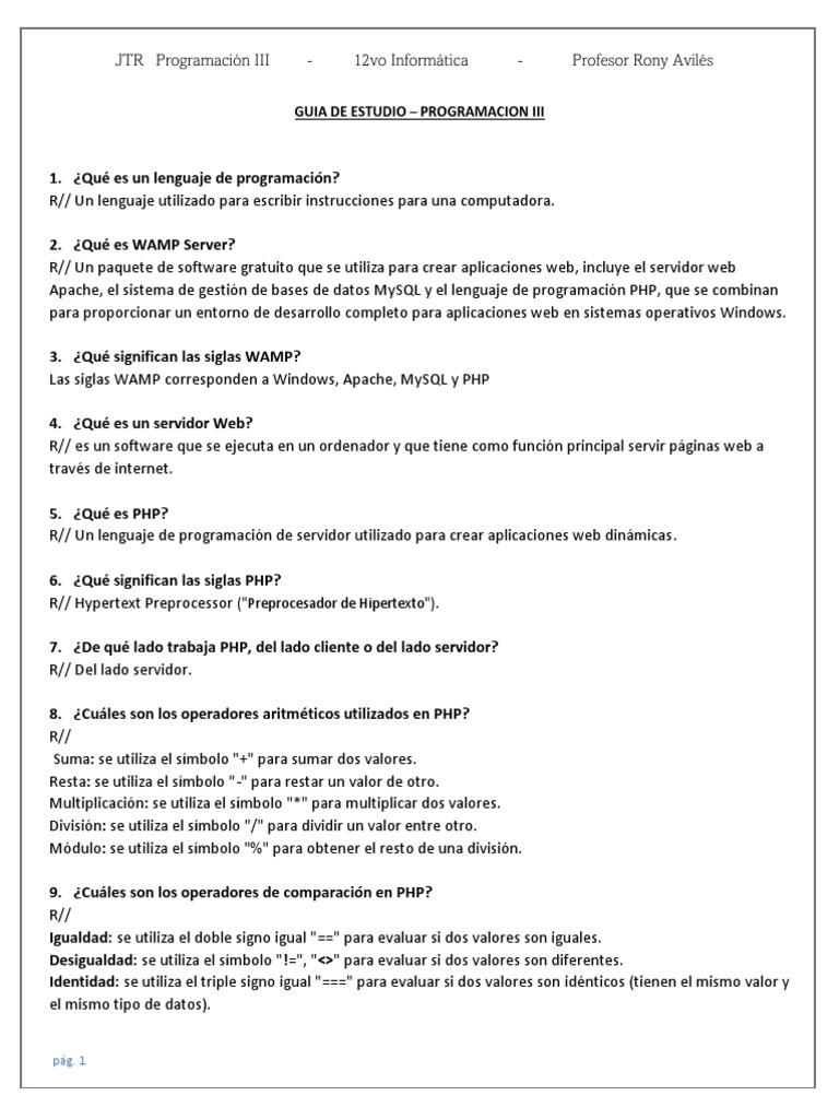 Guia de Estudio Programacion III - 1er Parcial | PDF | Php | Tipo de datos