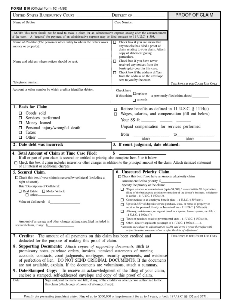Form B10 (New) PROOF OF CLAIM To Courts or Us Commisioner For A Bond ...