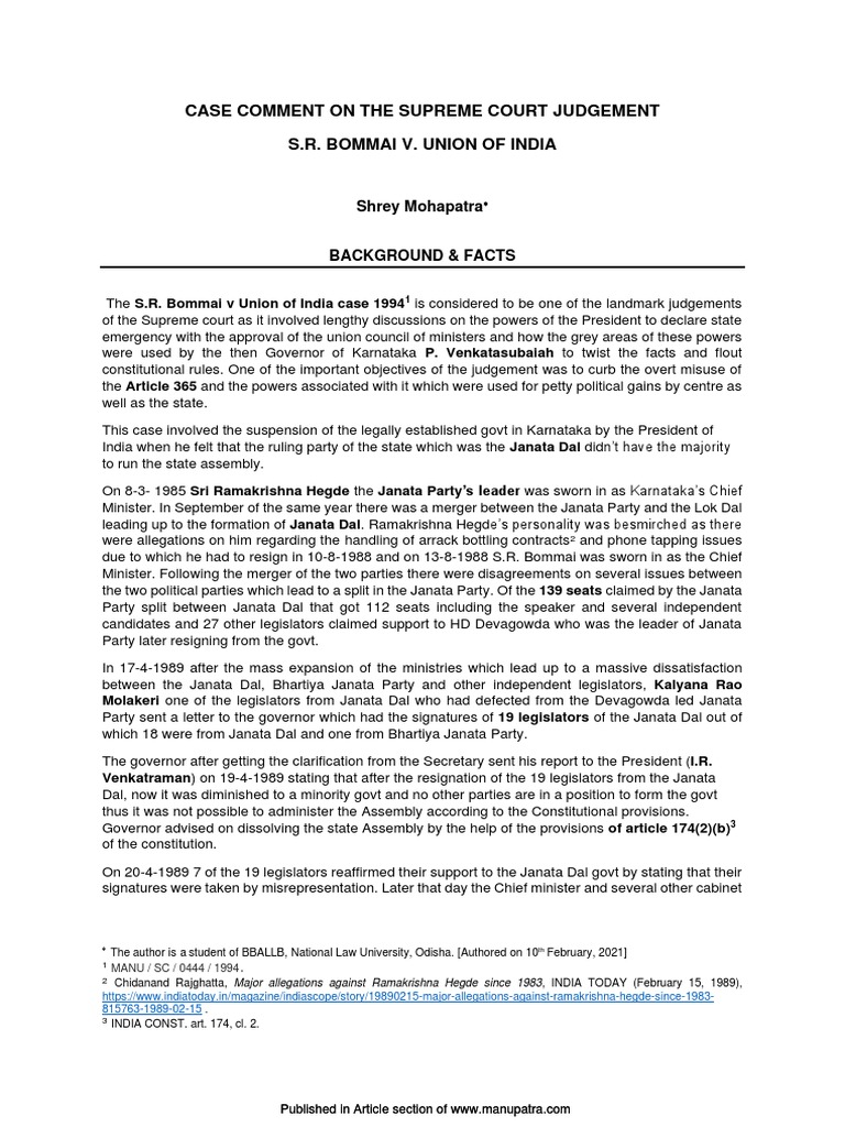 SR Bommai v. UoI Case Comment | PDF