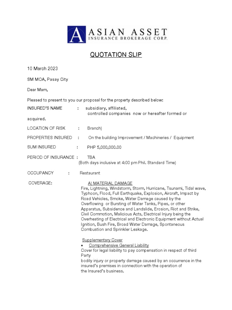 Property Insurance Quotation Proposal | PDF | Insurance | Liability Insurance