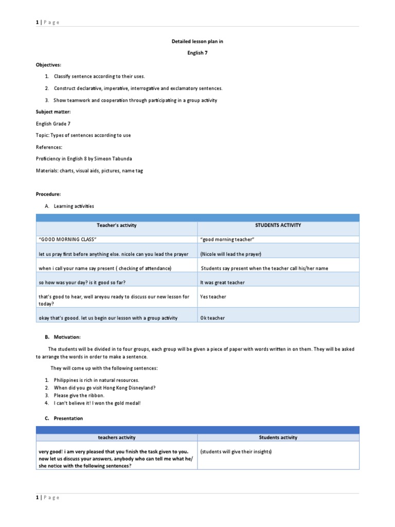 Types of Sentences Lesson Plan for Grade 7 | PDF | Sentence ...