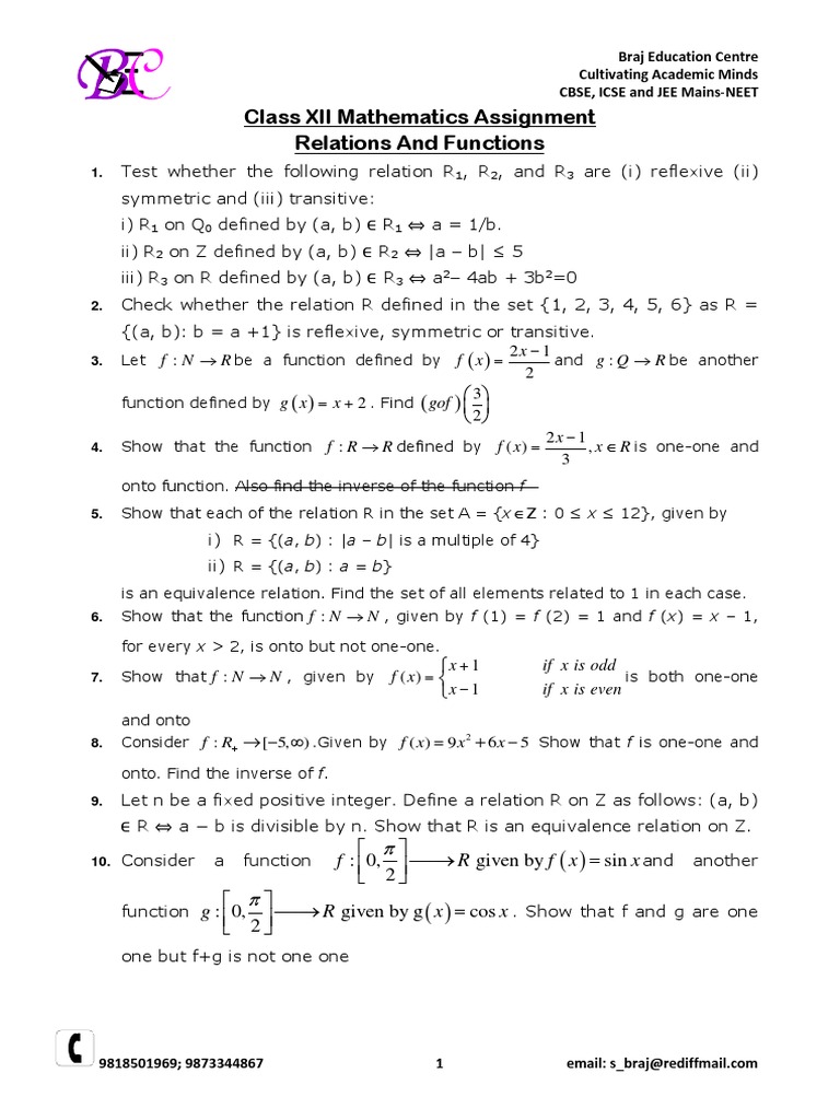 CBSE Maths Assignment on Relations and Functions | PDF | Function (Mathematics) | Mathematical ...