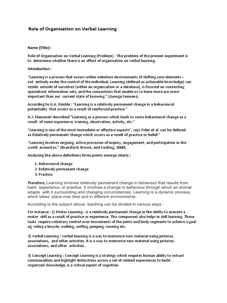Role of Organisation On Verbal Learning | PDF