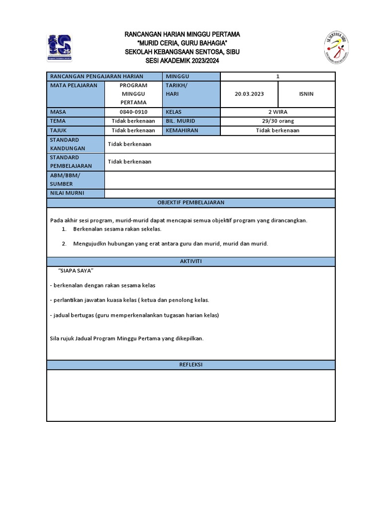 RPH MINGGU PERTAMA | PDF