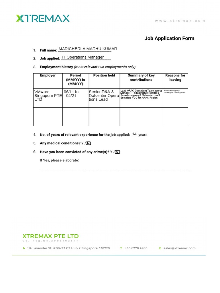 XTR Job Application Form - Updated | PDF