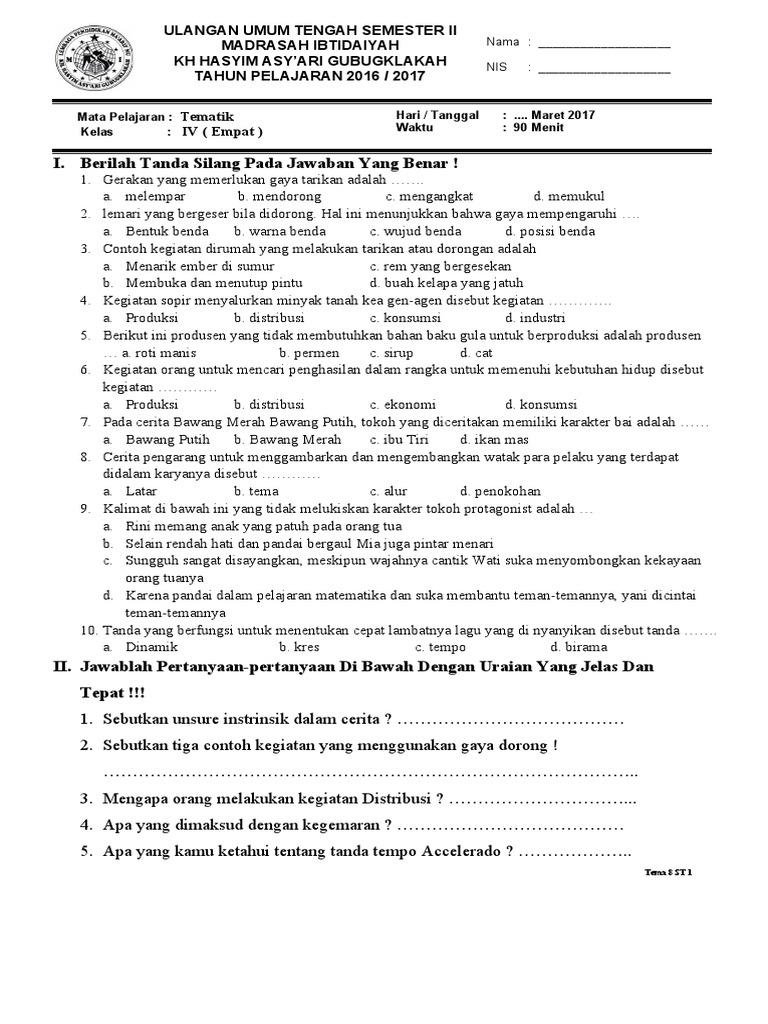 Soal UTS Tematik Kelas 4 Tema 8 Subtema 1 Lingkungakan Tempat Tinggalku | PDF
