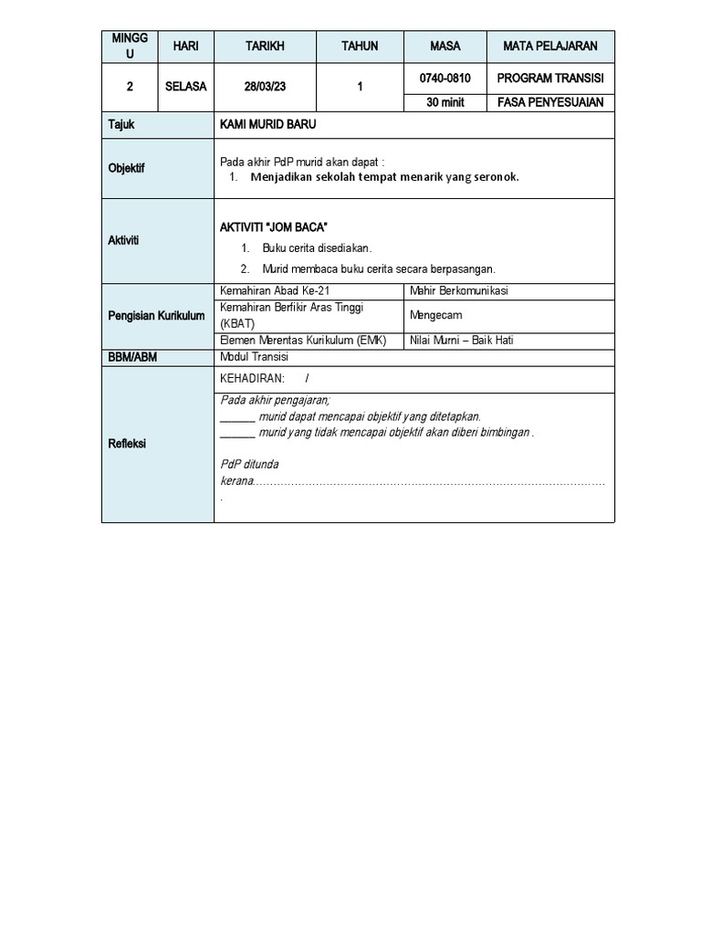 RPH Transisi Minggu 2 | PDF