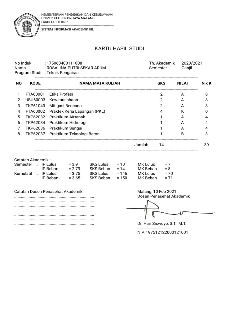 Kartu Hasil Studi: No Kode Nama Mata Kuliah Sks Nilai NXK | PDF