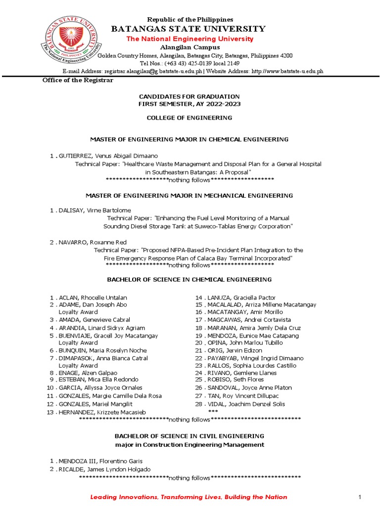 Batangas State University Graduates 2022 | PDF | Physical Sciences ...