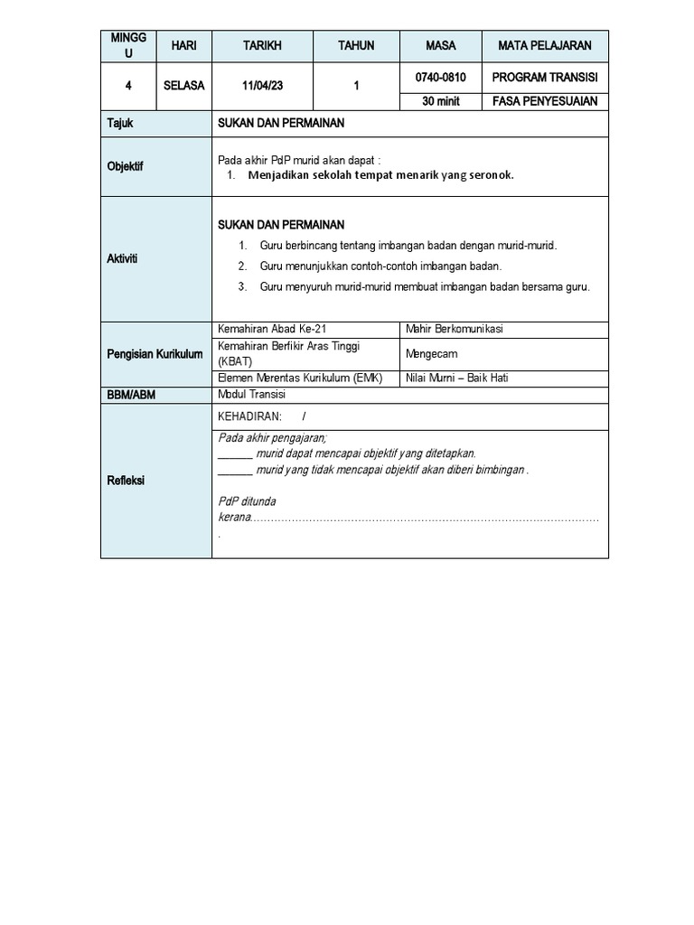RPH Transisi Minggu 4 | PDF