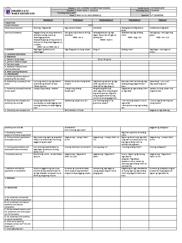 DLL - Filipino 3 - Q4 - W3 | PDF
