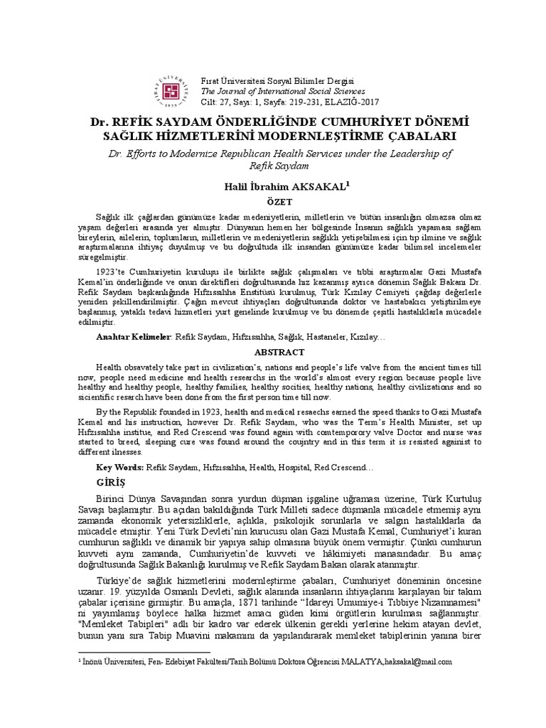 Dr. REFİK SAYDAM ÖNDERLİĞİNDE CUMHURİYET DÖNEMİ | PDF