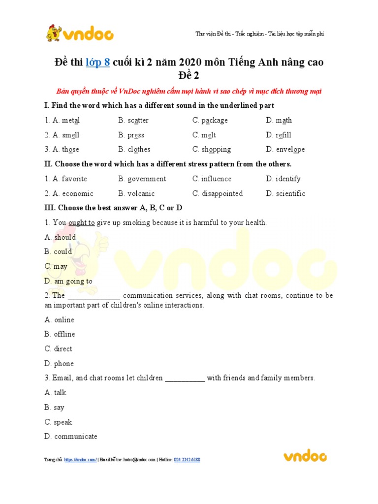 De Thi Lop 8 Cuoi Ki 2 Mon Tieng Anh Nang Cao de 2 | PDF