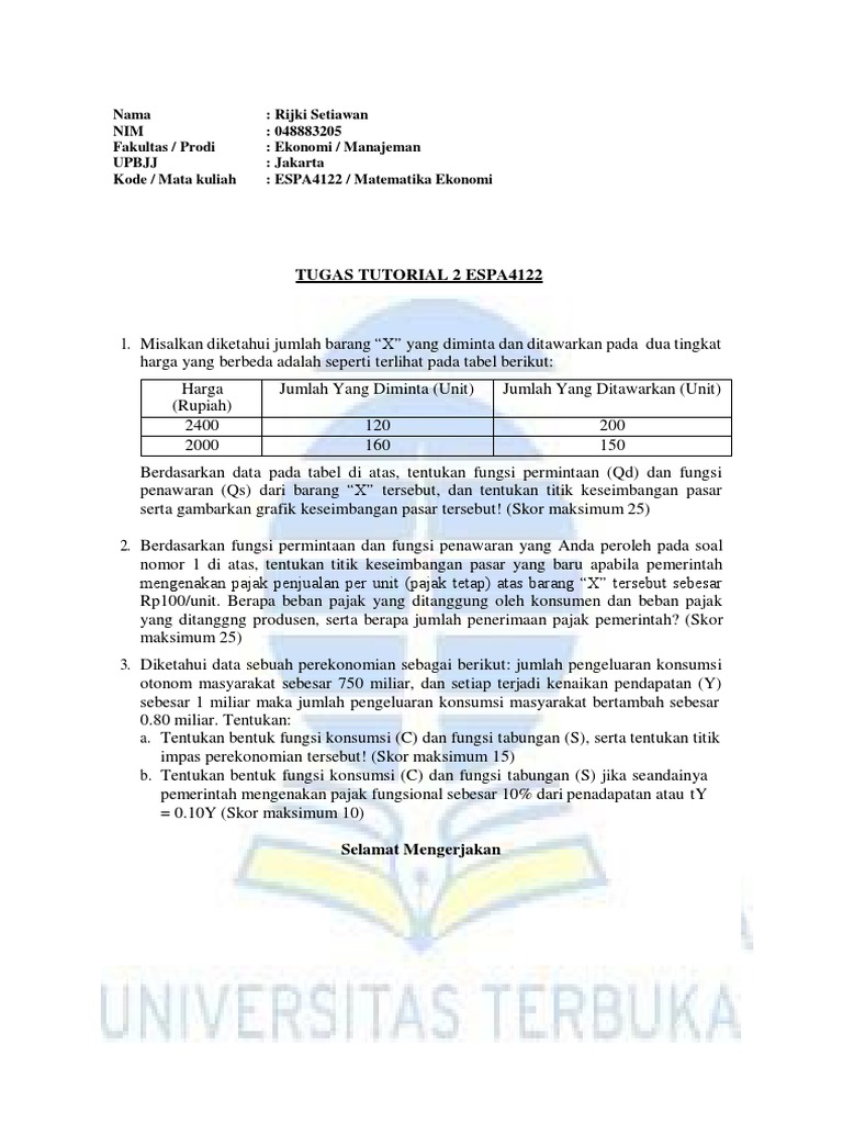 Tugas Tuton 2 - ESPA4112 MATEMATIKA EKONOMI | PDF