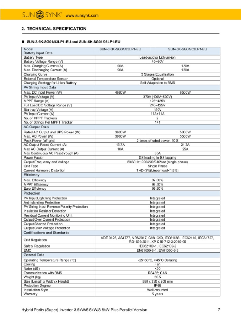 Sunsynk 5kW Data Sheet | PDF
