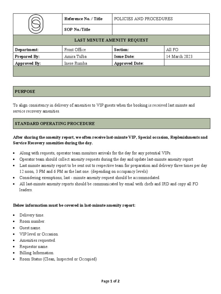 SOP - Last Minute Amenity | PDF