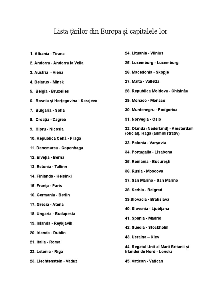 Lista Ţărilor Din Europa Și Capitalele Lor | PDF
