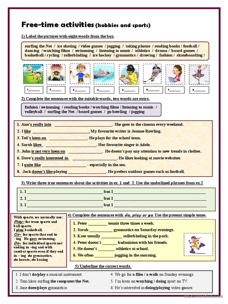 Free-Time Activities (Hobbies and Sports) Exercises | PDF | Sports ...