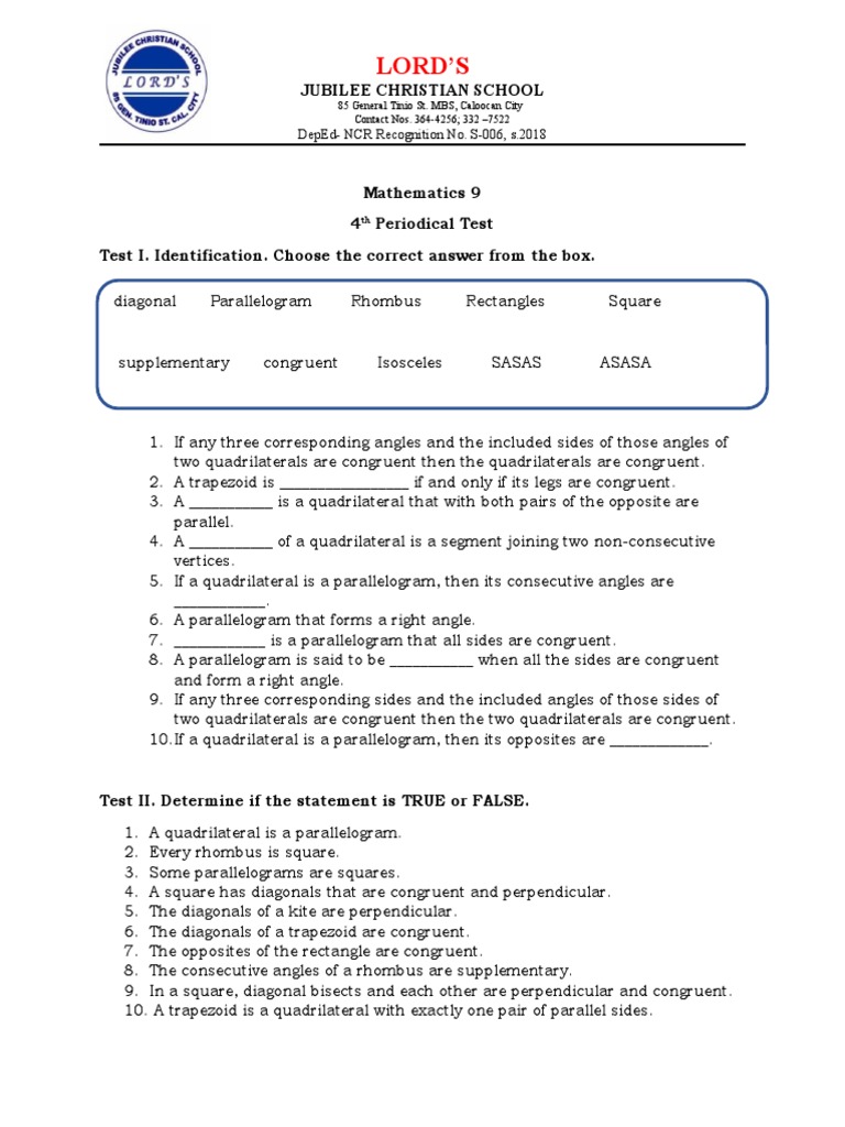 Mathematics 9 4th Periodical Test | PDF