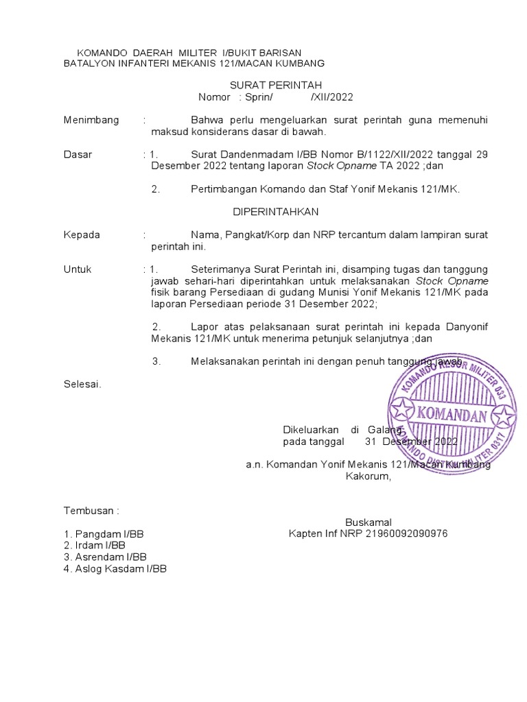 Contoh SPRIN STOCK OPNAME - PERSEDIAAN - TA 2022 | PDF