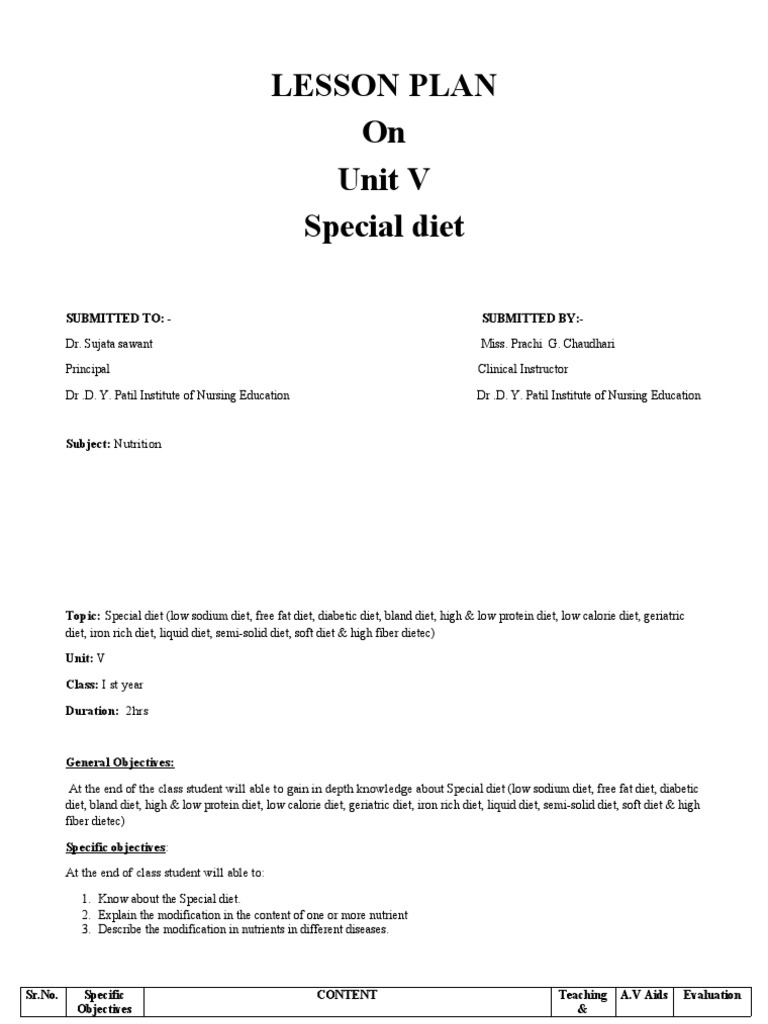 Lesson Plan On Unit V Special Diet | PDF | Dieting | Low Carbohydrate Diet