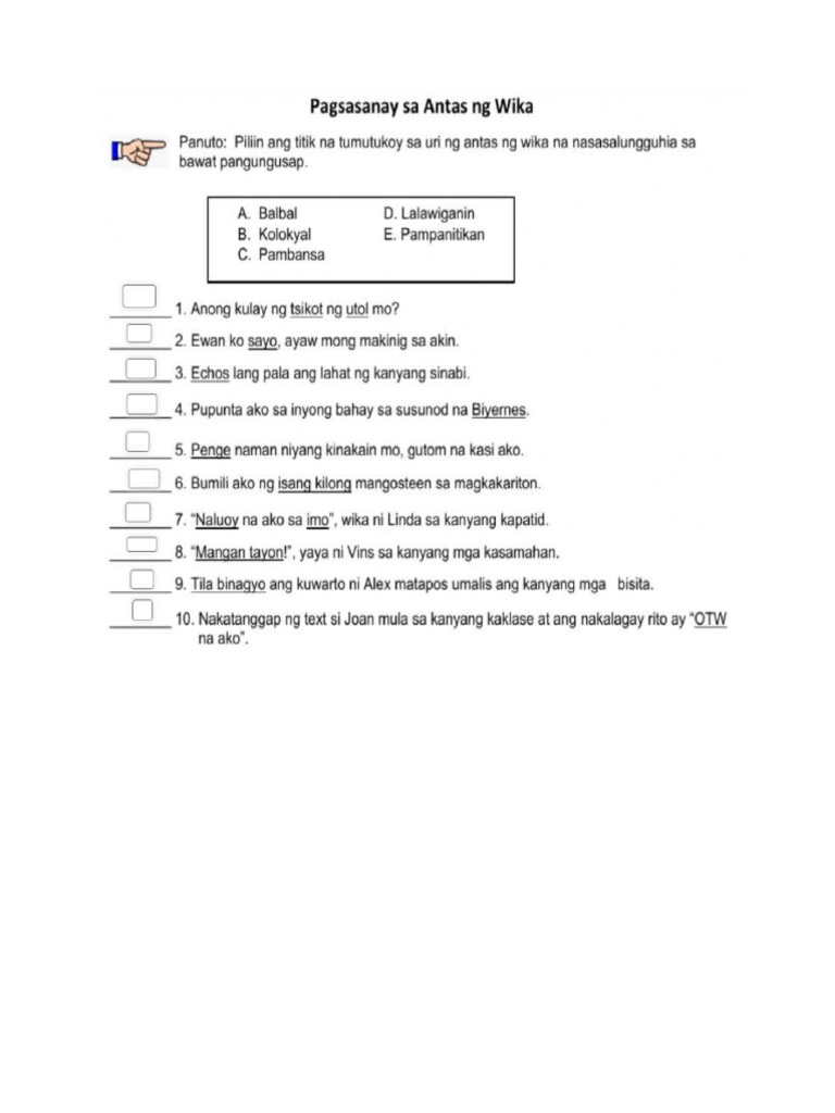 Antas Ng Wika Worksheet | PDF