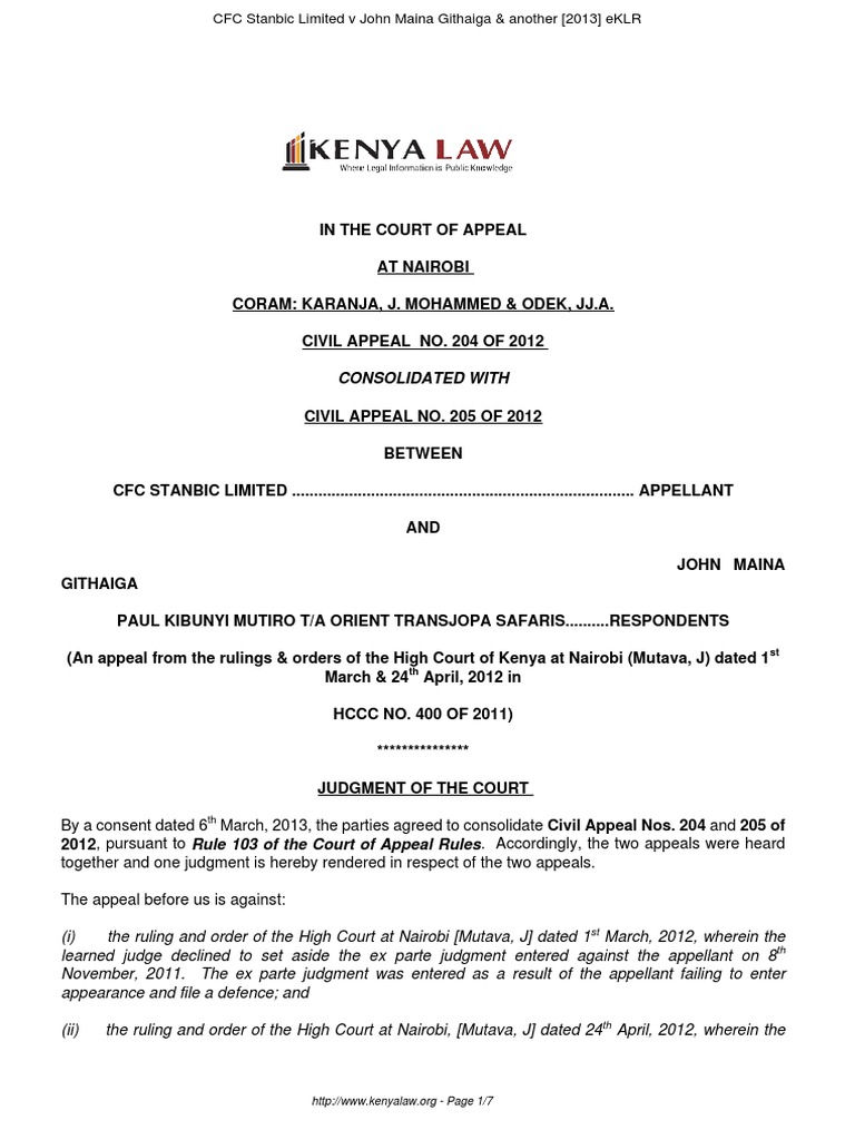 CFC Stanbic Limited V John Maina Githaiga & Another (2013) eKLR | PDF | Social Science