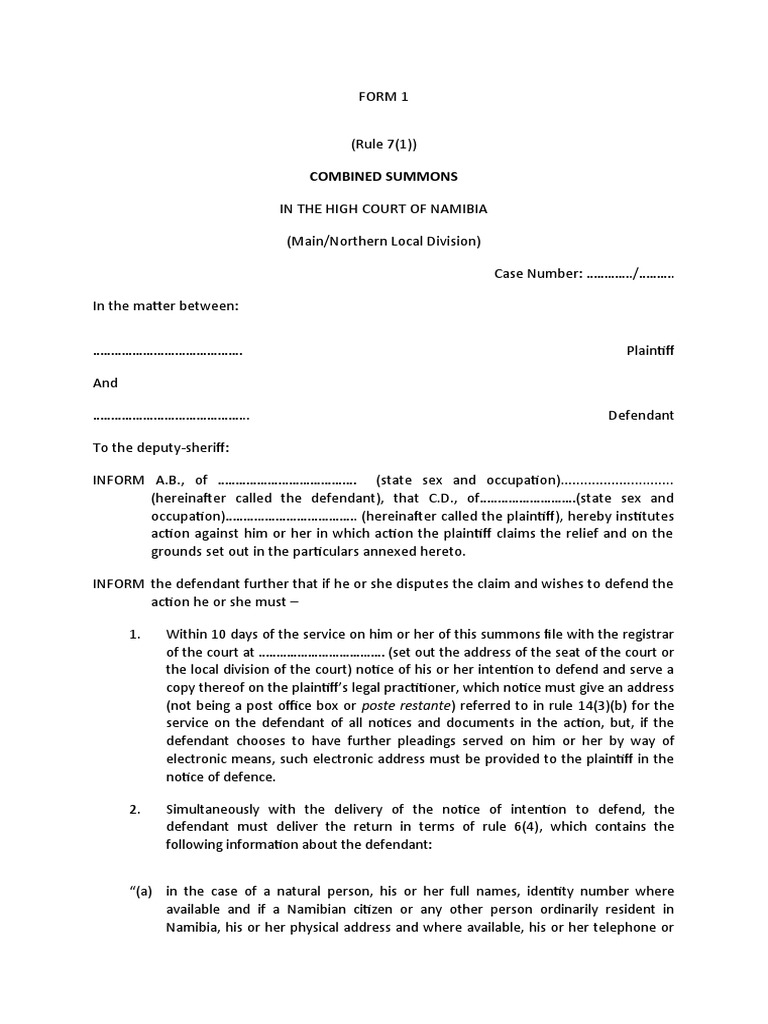 Form 1 - Combined Summons | PDF