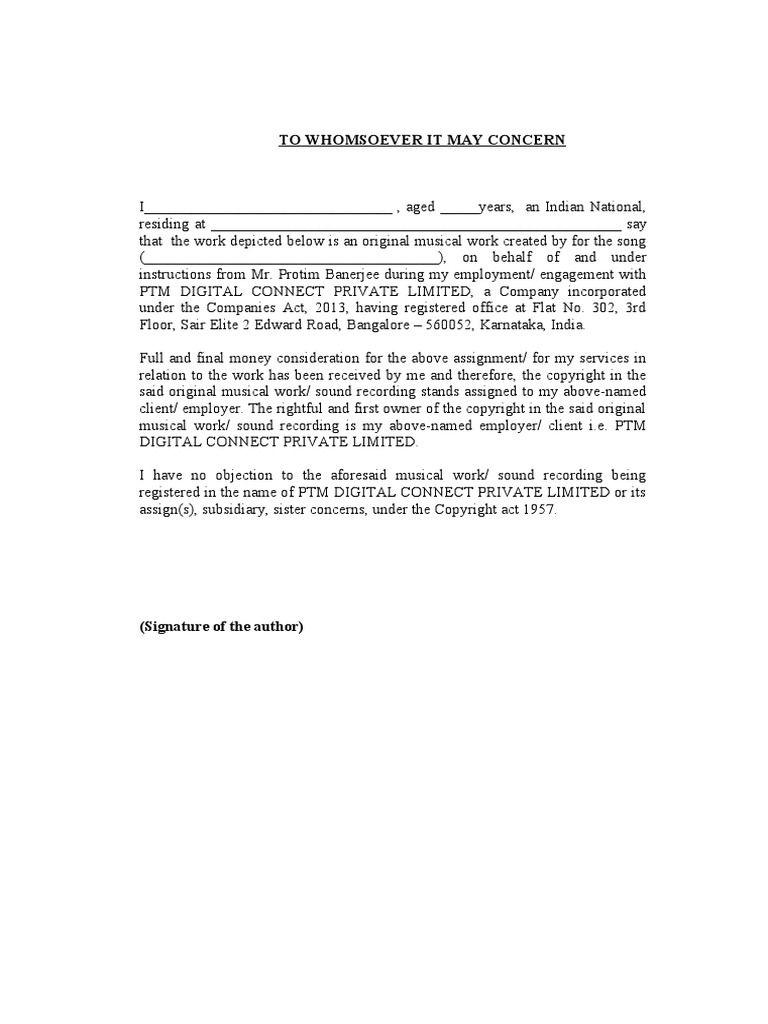 NOC Format for Copyright Assignment | PDF